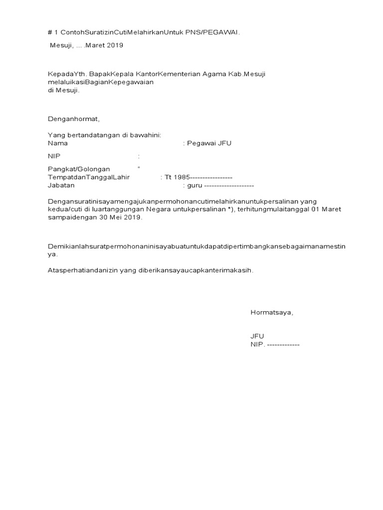 Contoh Surat izin Cuti Melahirkan Untuk PNS | PDF