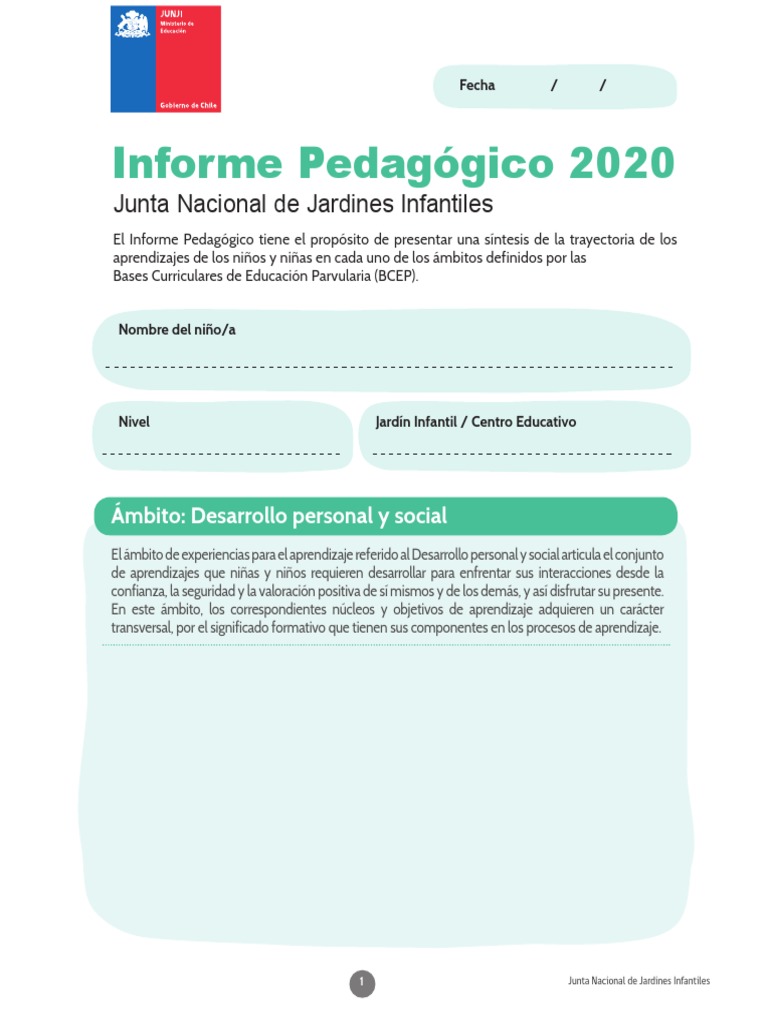 Informe Pedagógico 2020 Editable | PDF | Educación de la primera ...