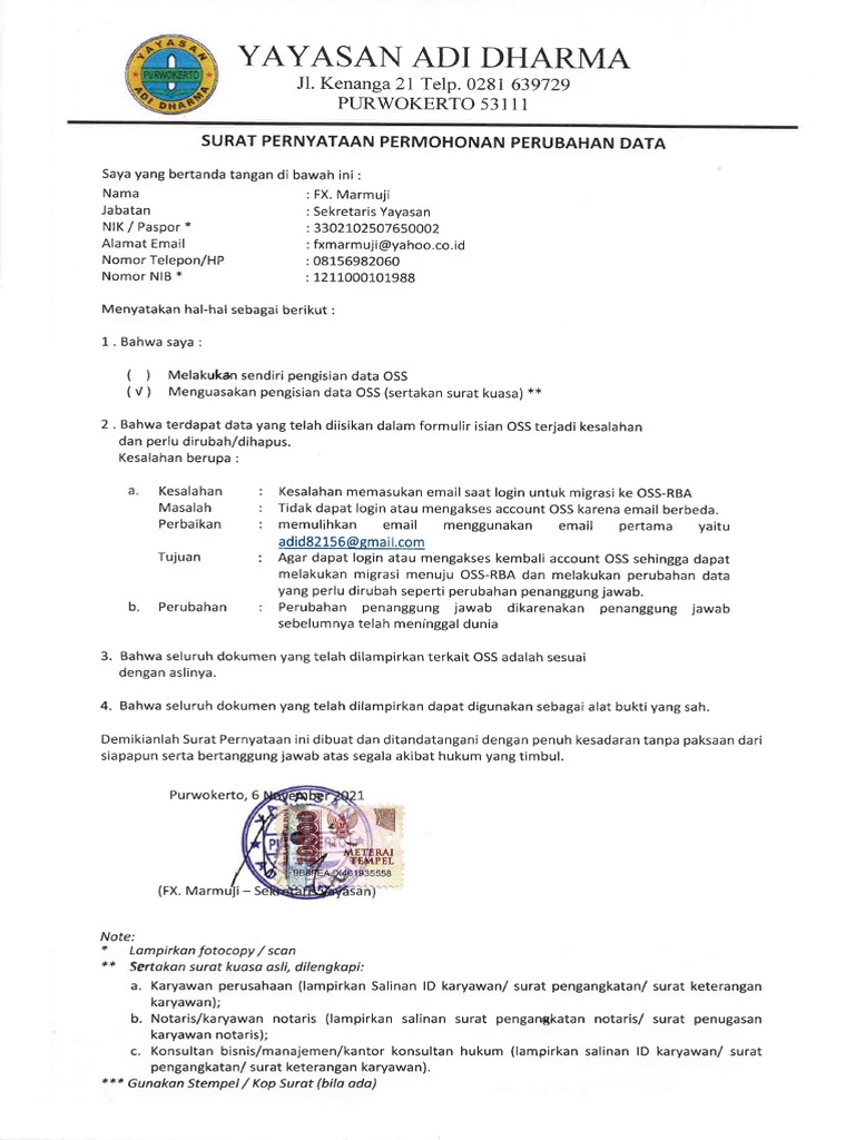 Surat Pernyataan Permohonan Perubahan Data | PDF
