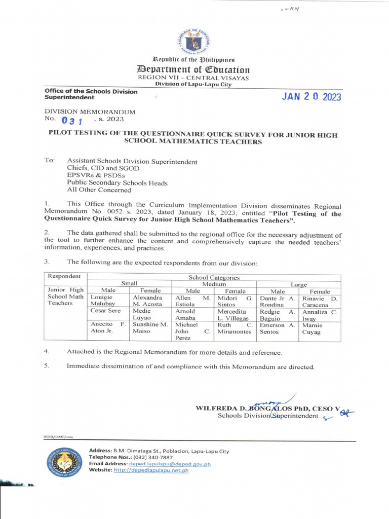 DM No. 031, s. 2023 - Pilot Testing of the Questionnaire Quick Survey ...