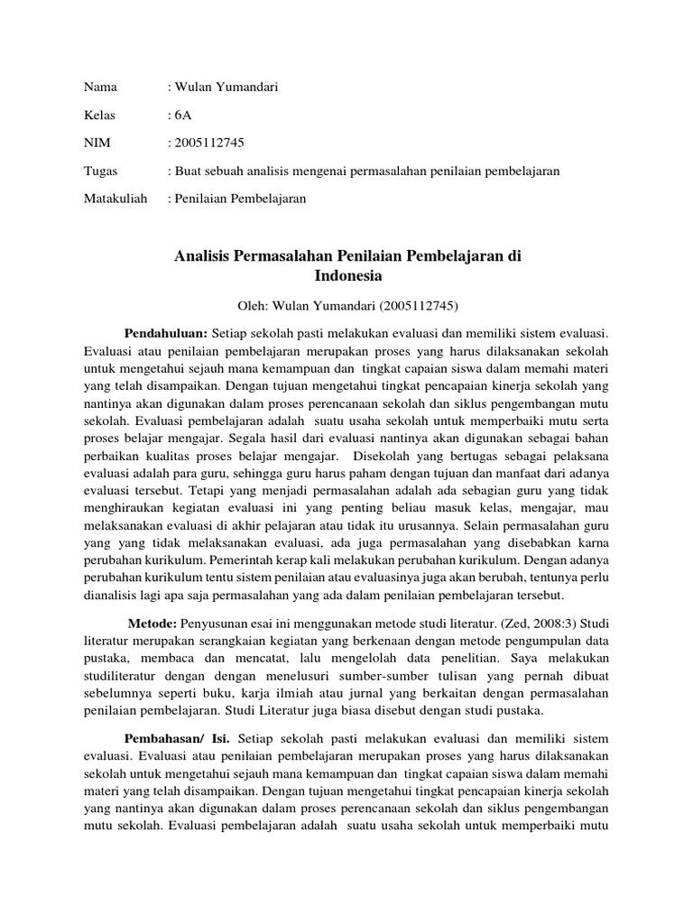 Essay - Analisis Permasalahan Penilaian Pembelajaran Fix | PDF