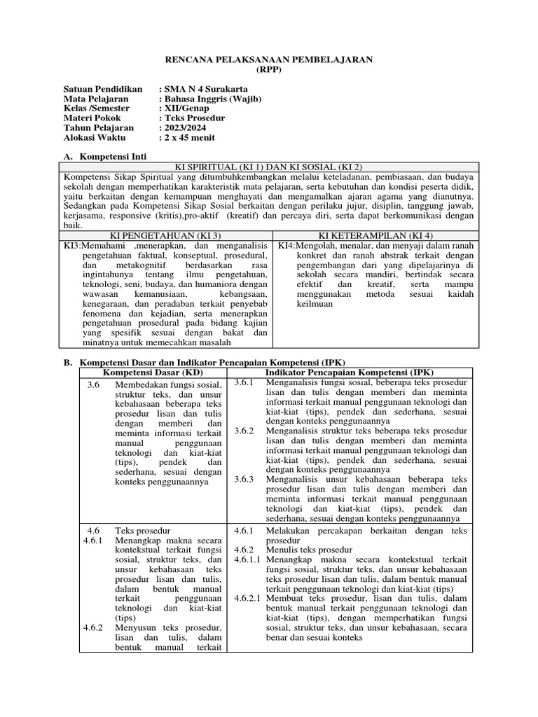 RPP PROCEDURE Kelas 12 | PDF
