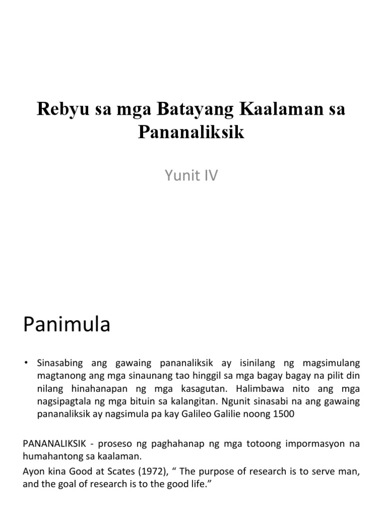 Yunit IV Rebyu Sa Mga Batayang Kaalaman Sa Pananaliksik | PDF