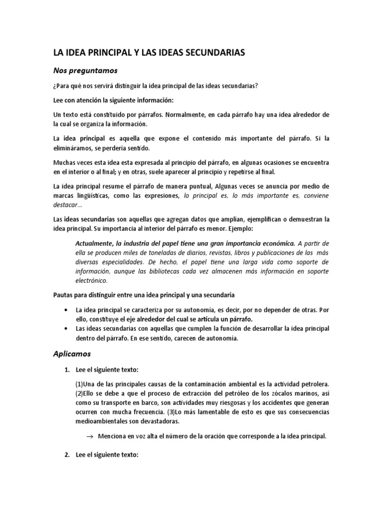 La Idea Principal y Las Ideas Secundarias | PDF | Información