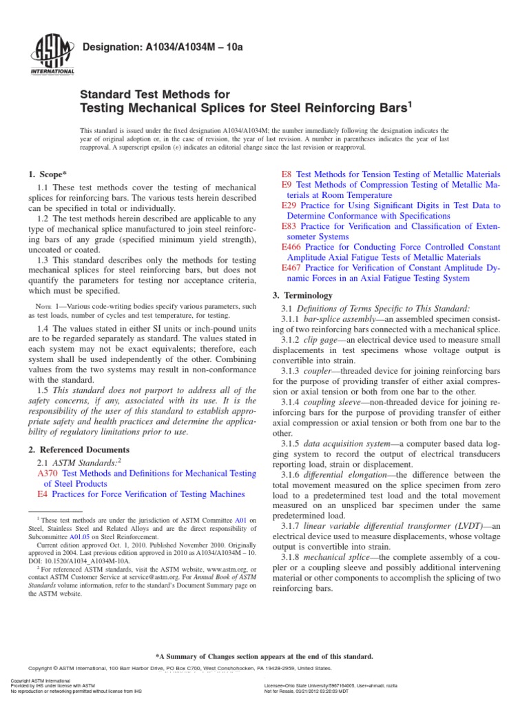 Testing Mechanical Splices For Steel Reinforcing Bars: Standard Test ...