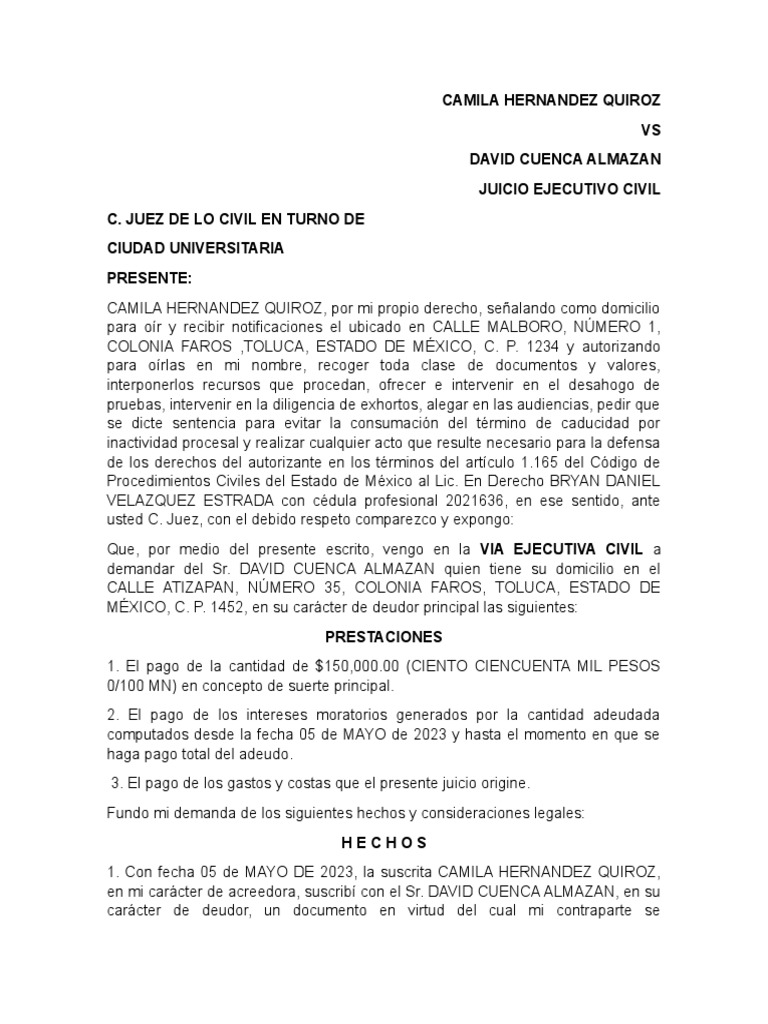 Demanda Juicio Ejecutivo Civil | PDF | Demanda judicial | Principios éticos