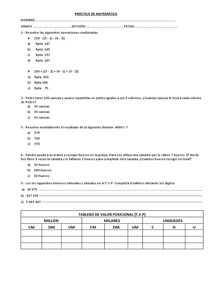 Ejercicios de Matemáticas 5° Grado | PDF
