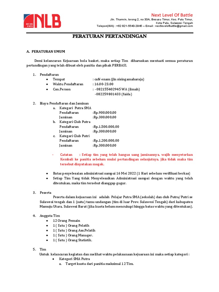Perubahan Peraturan Pertandingan NLB Basketball Competition 2022 | PDF