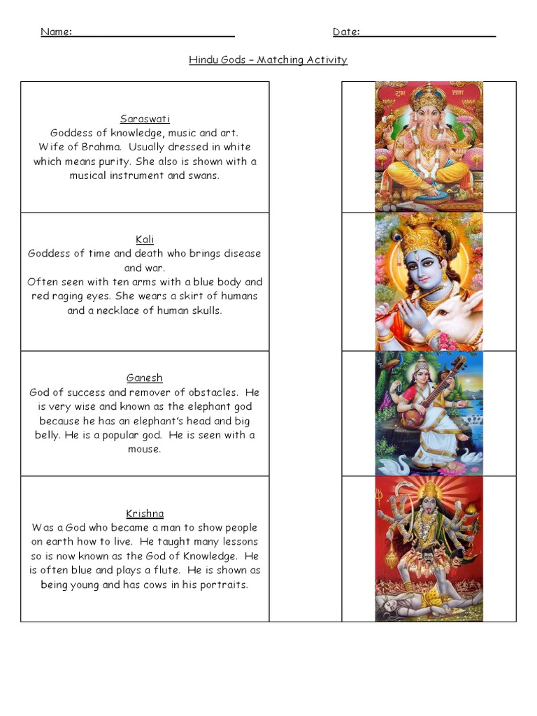 Hindu Gods Matching Activity Worksheet | PDF