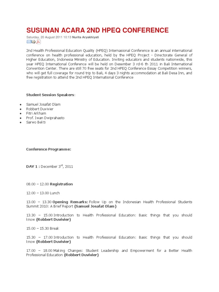 2nd HPEQ Conference Agenda | PDF | Health Care | Wellness