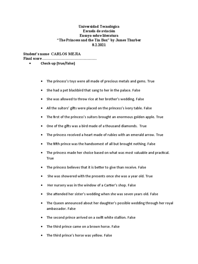 The Princess and The Tin Box Quiz | PDF | Gemstone