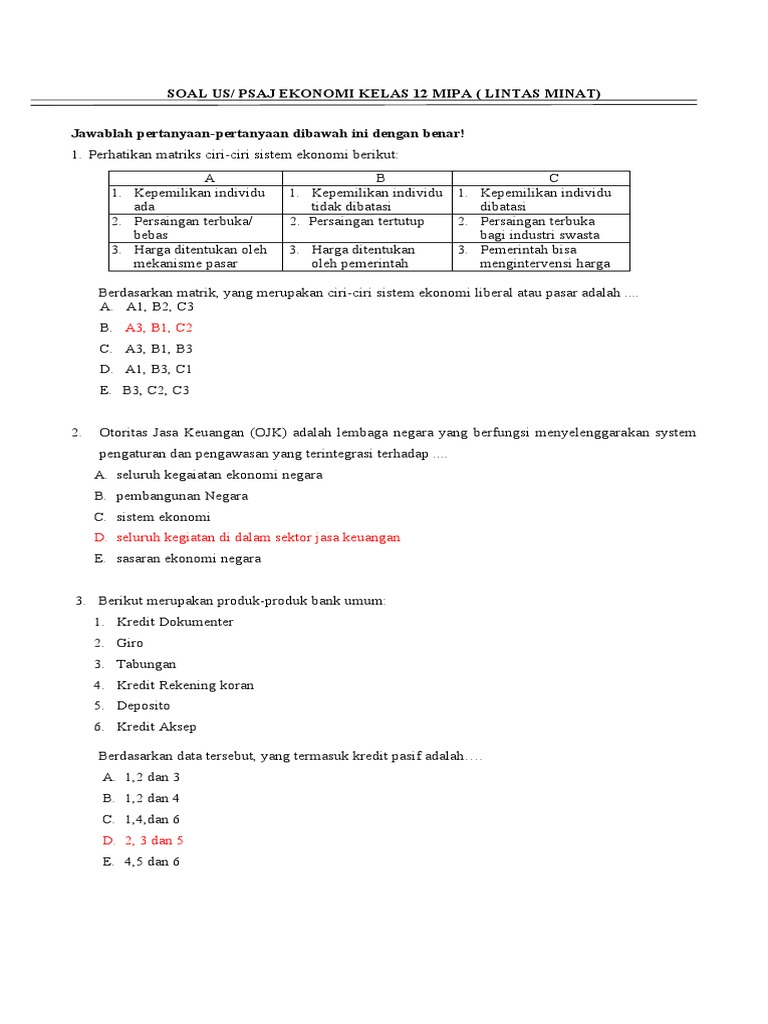 Soal Us Atau Psaj Ekonomi Lintas Minat (Kelas Ipa) | PDF