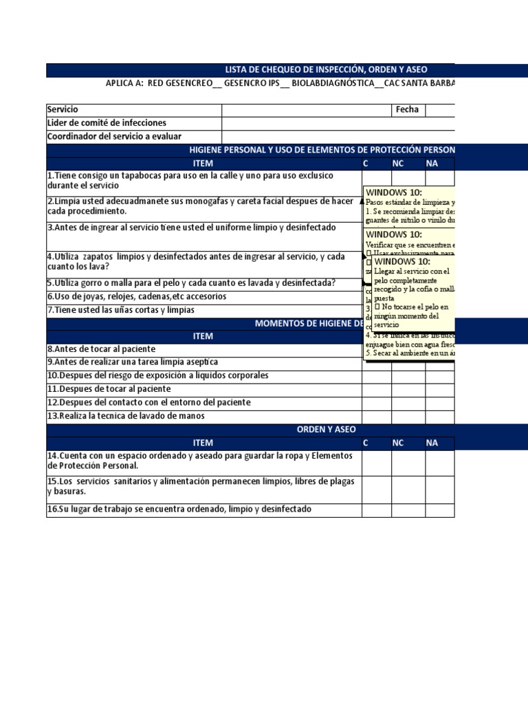 Lista de Chequeo Orden y Aseo Servicio de Cirugía | PDF | Lavado de ...