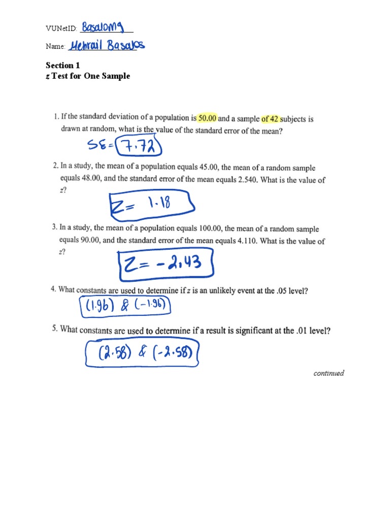 Statistical Analysis of a One Sample Z-Test Comparing Means to the ...