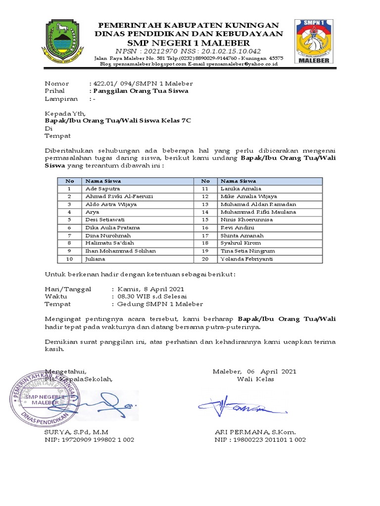 Panggilan Orang Tua Siswa Kelas 7C SMPN 1 Maleber | PDF