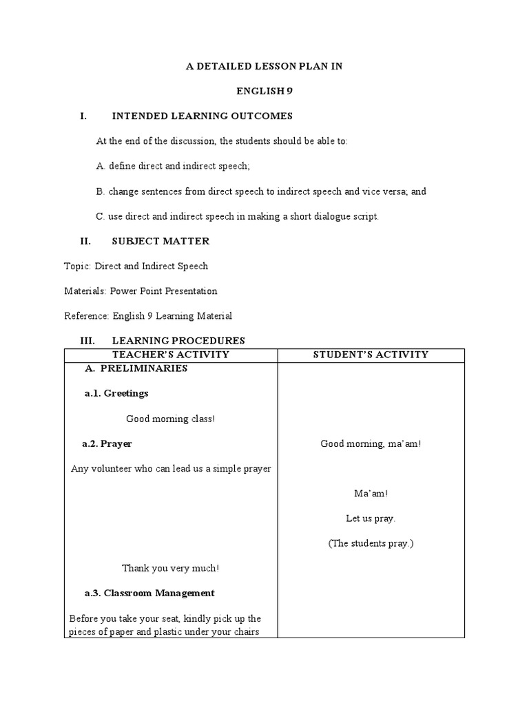 A Detailed Lesson Plan In Direct And Indirect Pdf