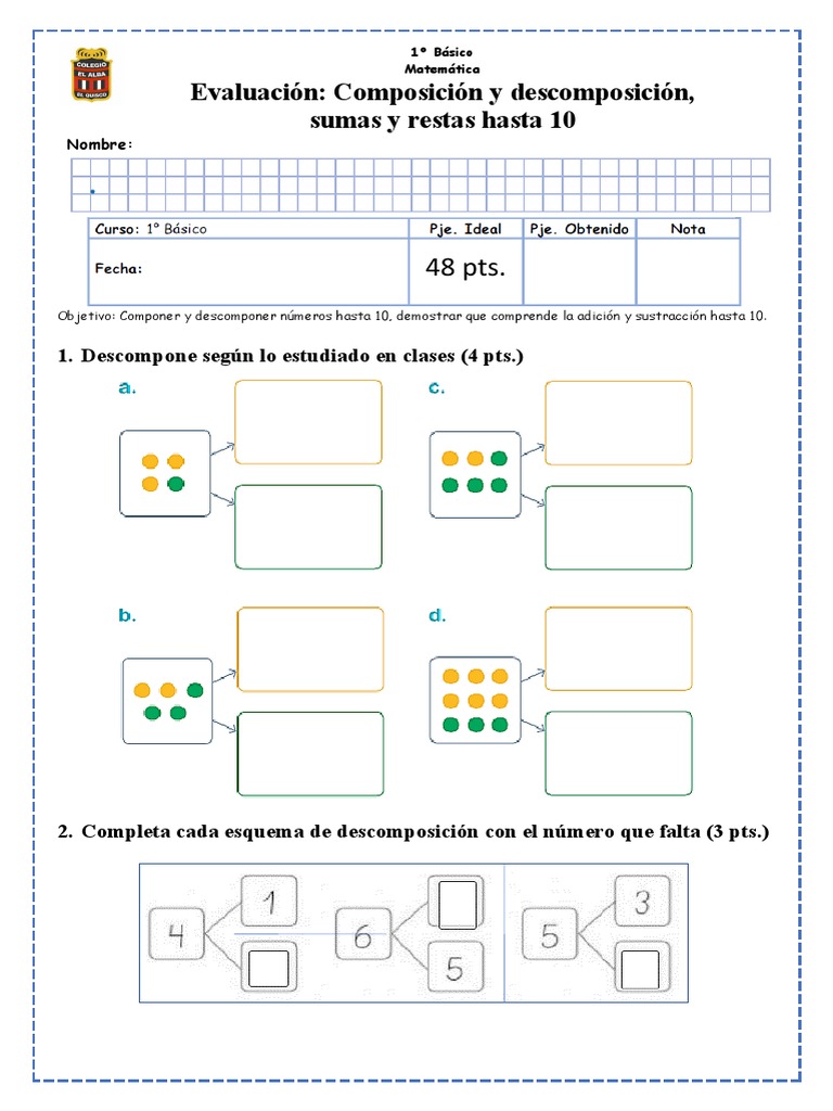 1° Evaluación - Componer - Descomponer - Sumas y Restas Hasta 10 - 10 ...