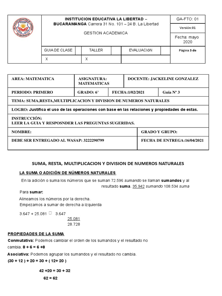 Guia 3 6º Suma, Resta, Multiplicacion y Division N41 | PDF
