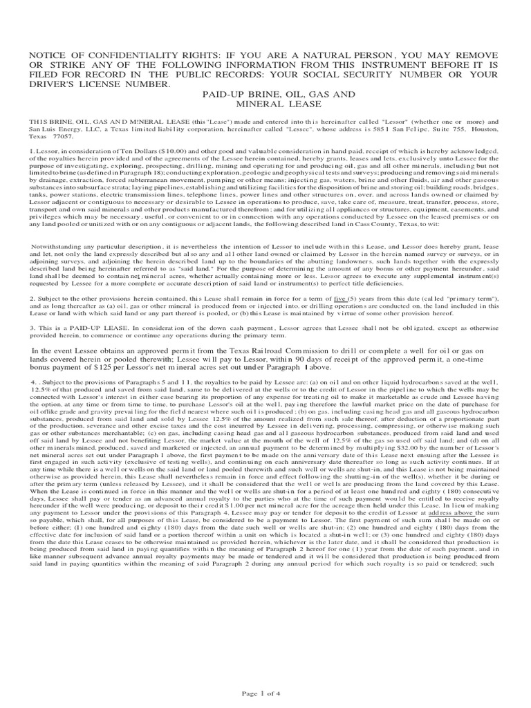 Cass County Oil Gas and Brine Lease - San Luis Energy | PDF | Lease | Assignment (Law)