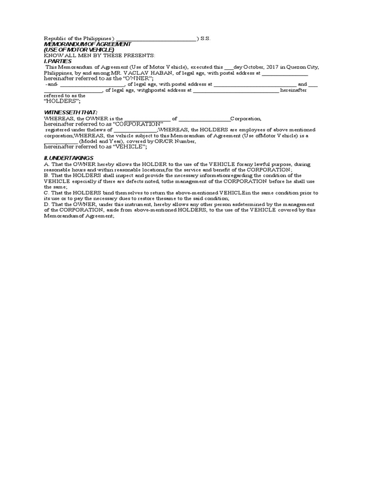 Memorandum of Agreement for Employee Use of Company Vehicle | PDF