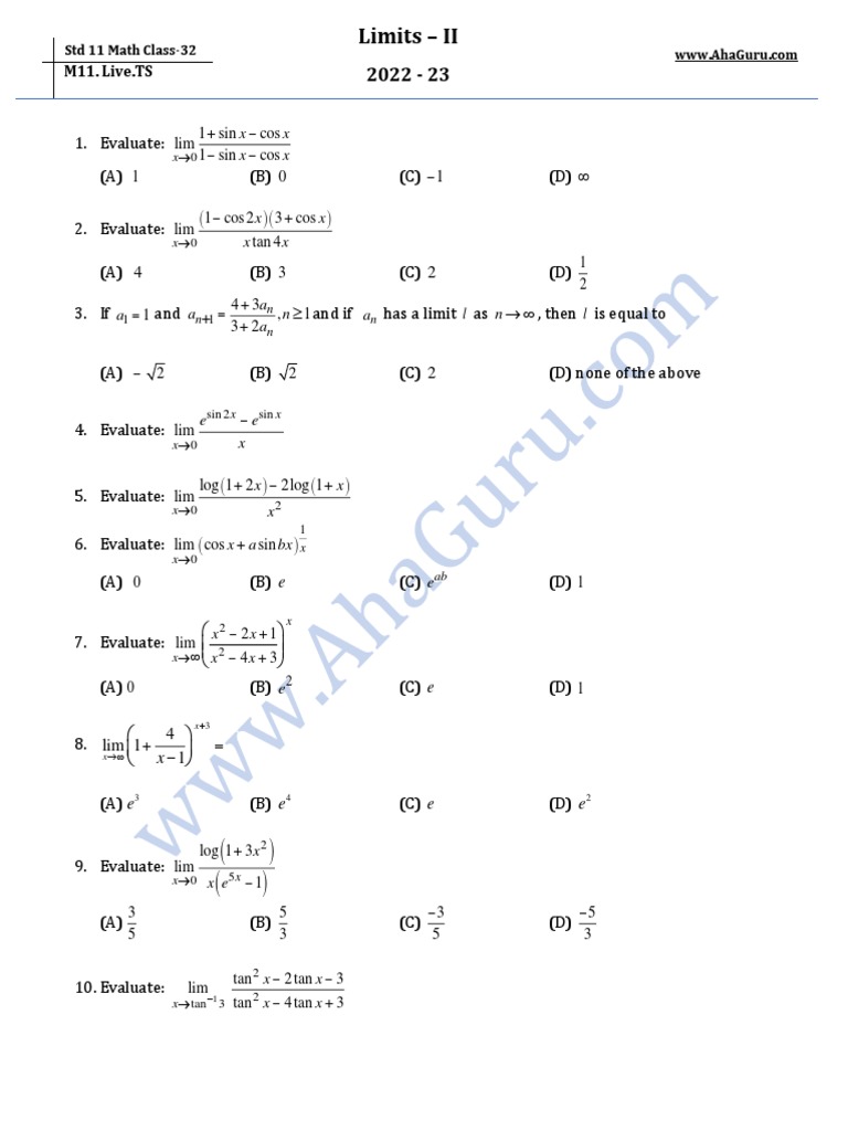 M11 Wk32 TS 2022 Limits II - Questions | PDF
