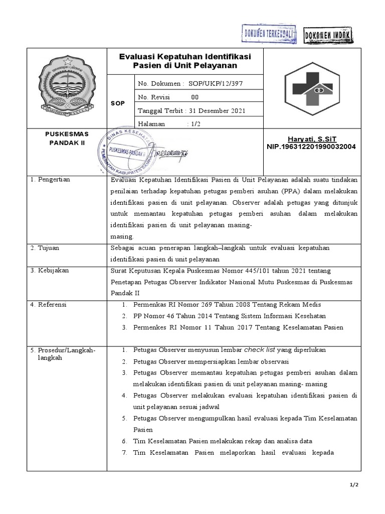 SOP Evaluasi Kepatuhan Identifikasi Pasien | PDF