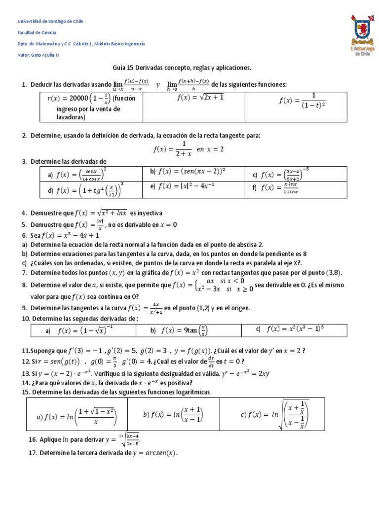 2018 Guía 15.derivadas Concepto Reglas y Aplicaciones | PDF | Derivado | Pendiente