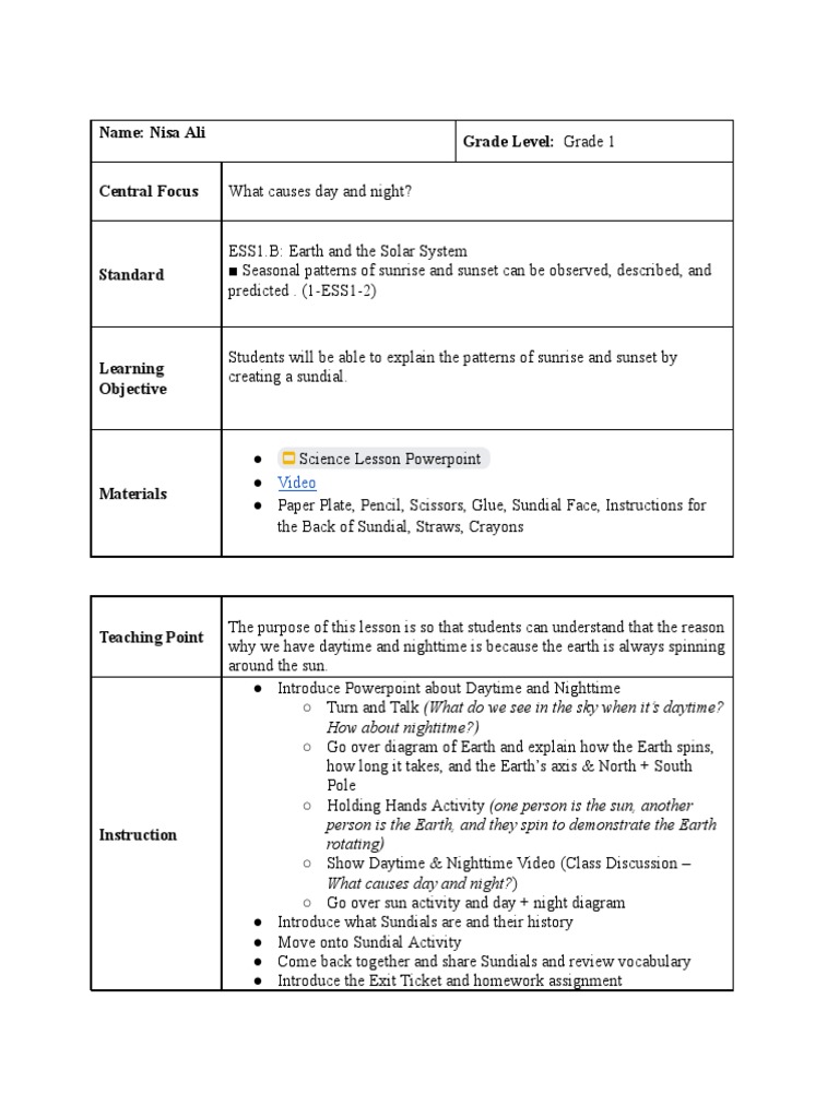Earth The Solar System Lesson Plan | PDF | Night | Sun