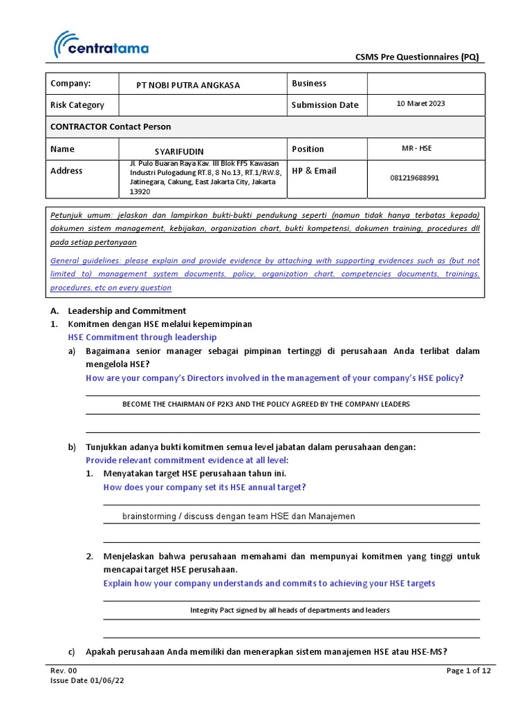 CENT - IMS.FM.005 CSMS PQ Questionnaries | PDF