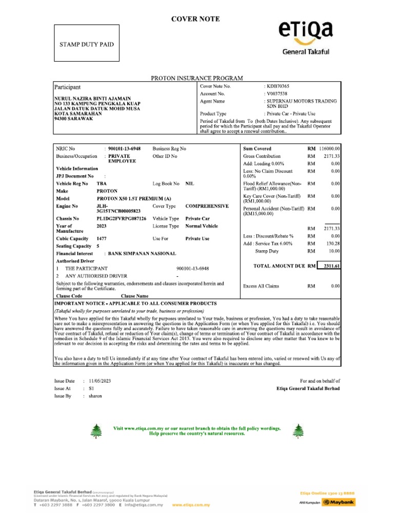 Covernote - Nurul Nazira Binti Ajamain | PDF