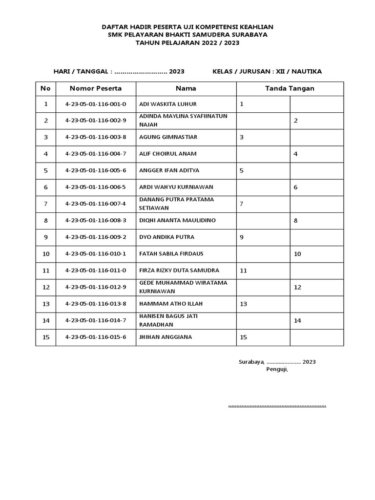 Daftar Hadir Ukk 8 April 2022 | PDF