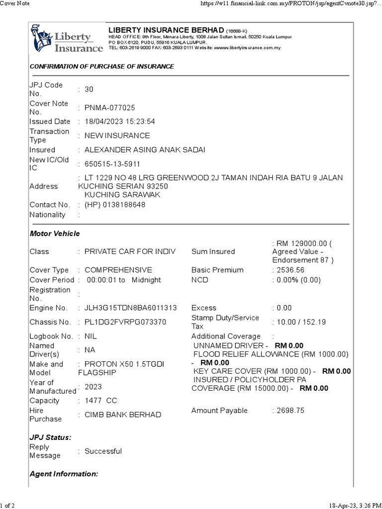 Cover Note - ALEXANDER ASING ANAK SADAI | PDF | Insurance | Transport