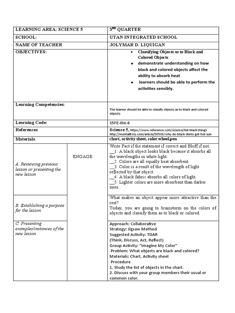 Science V Lesson Plan | PDF | Color | Learning