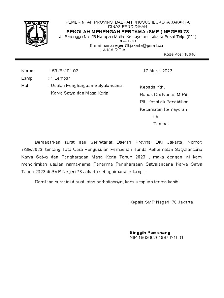 Surat Usulan Penghargaan Satyalencana | PDF
