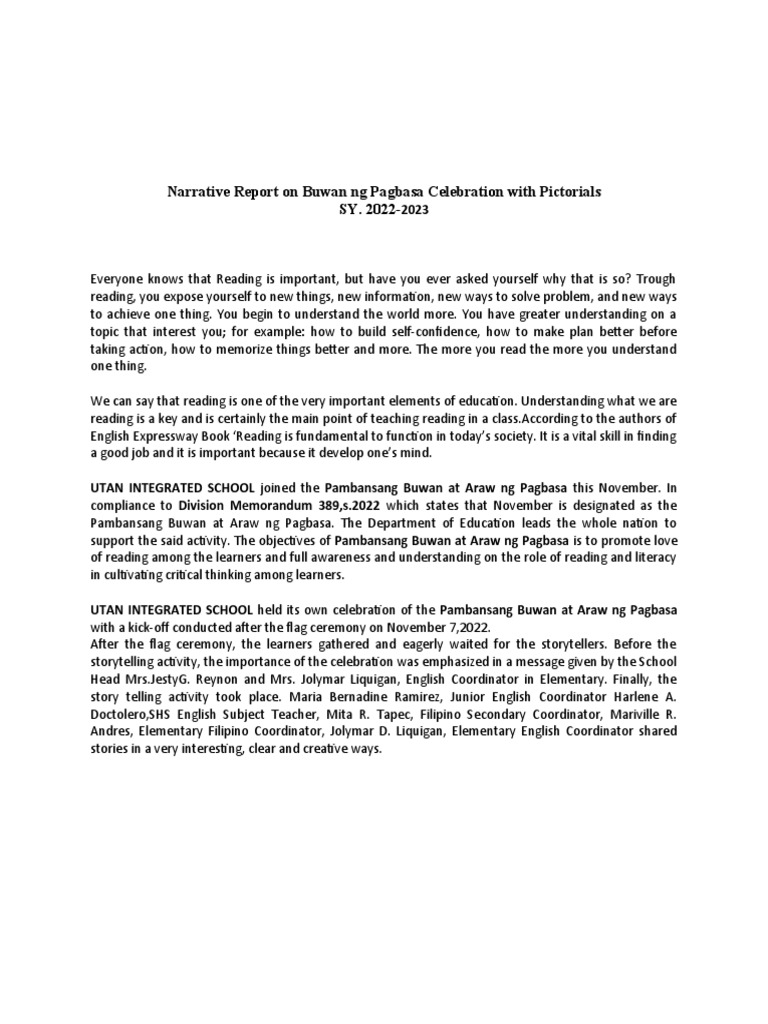 Narrative Report On Buwan NG Pagbasa Celebration With Pictorials | PDF ...