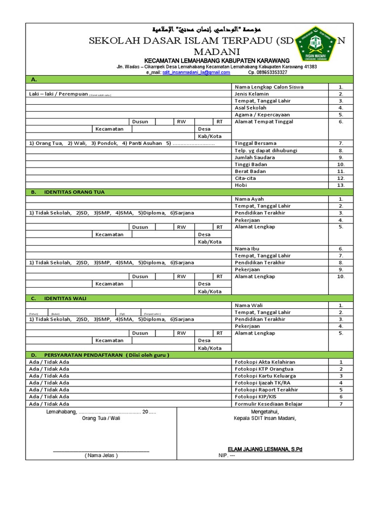 Formulir PPDB SDIT Insan Madani B | PDF