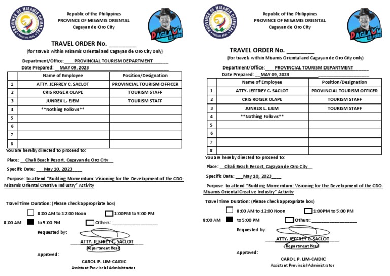 Travel Order for Tourism Activity | PDF
