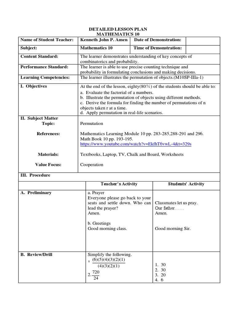 Applying Permutation and Combination Concepts: A Detailed Lesson Plan ... Applying Permutation and Combination Concepts: A Detailed Lesson Plan ...