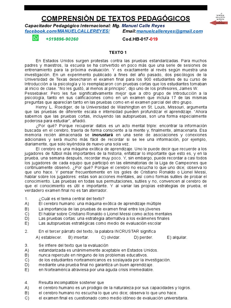 SESIÓN 4 - COMPRENSION DE TEXTOS HB-017-019-pruebas Estandarizadas ...