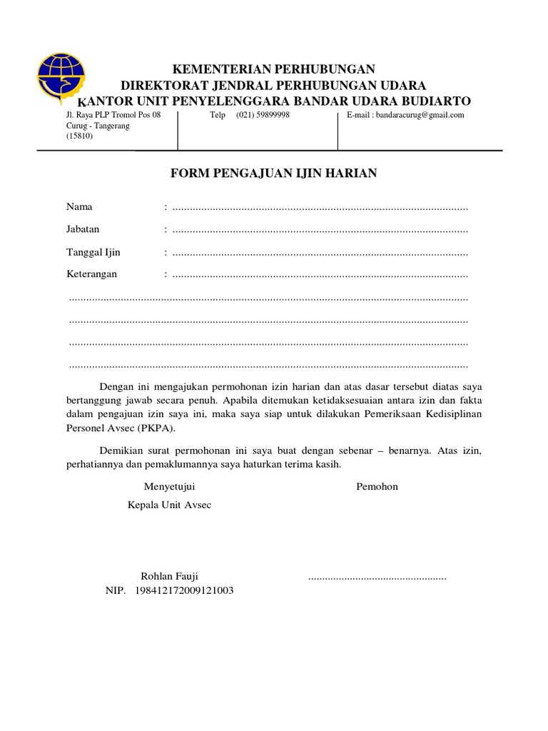 Form Ijin Harian Avsec | PDF
