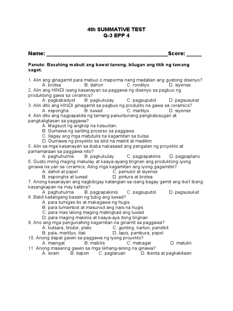 Q3 4th ST PT EPP4 MAPEH4 - 1 | PDF
