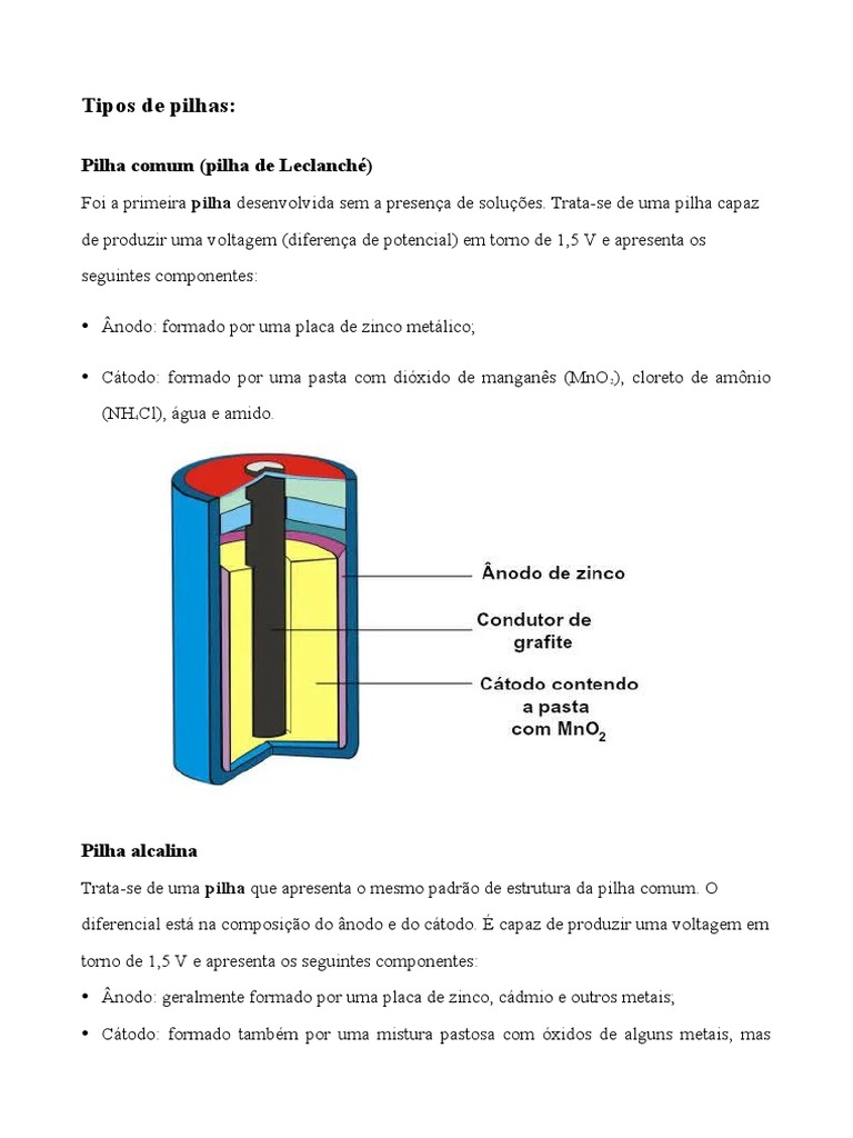 Tipos de Pilhas | PDF | Ânodo | Cádmio