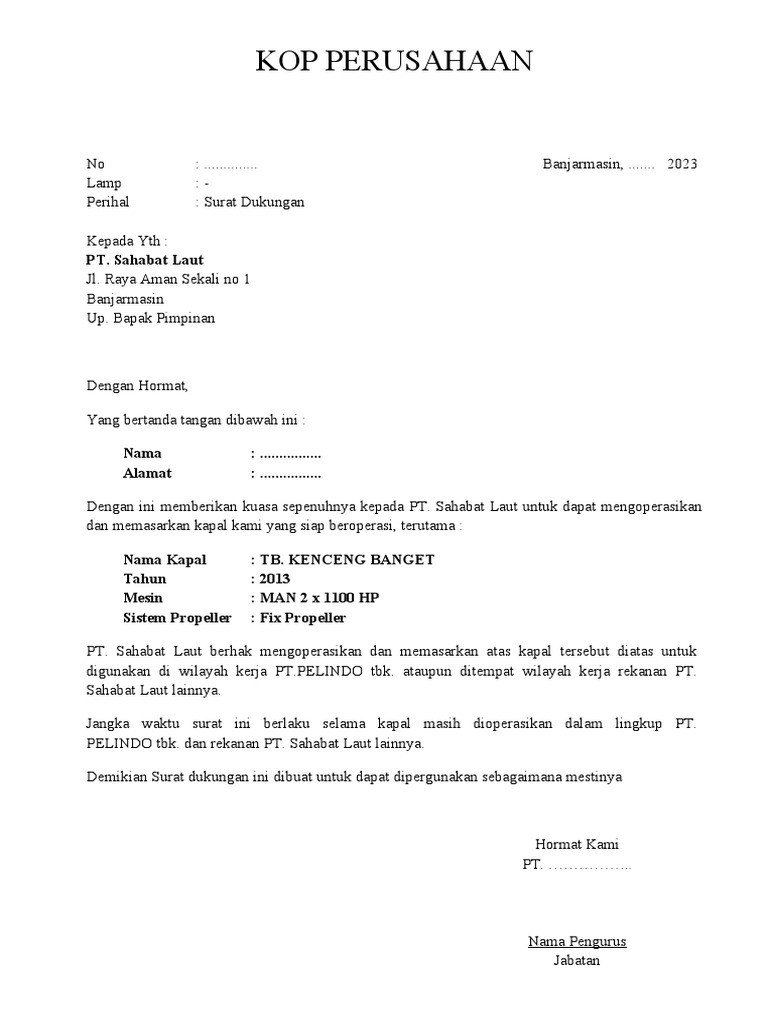 Surat Dukungan Operasi Kapal | PDF