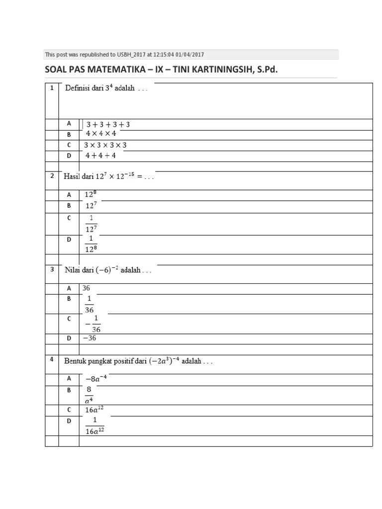 SOAL PAS MATEMATIKA KELAS 9 | PDF