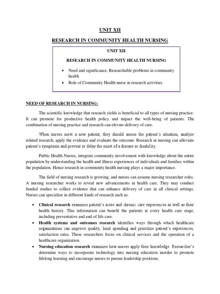 Research in Community Health Nursing: An Overview of Needs, Areas of ...