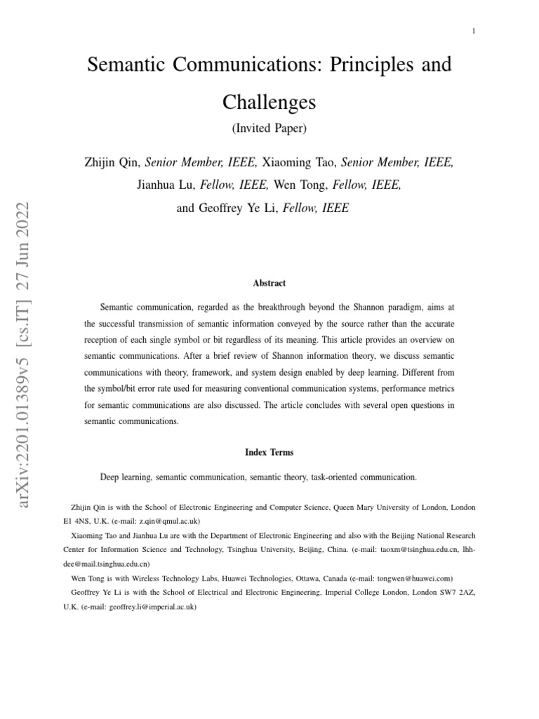 (Survey) Semantic Communications - Principles and Challenges | PDF ...