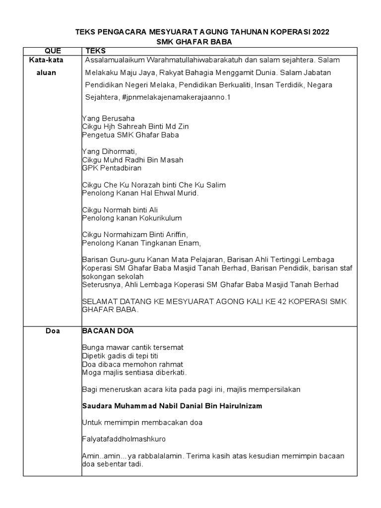 Teks MC Mesyuarat Koperasi Sekolah | PDF