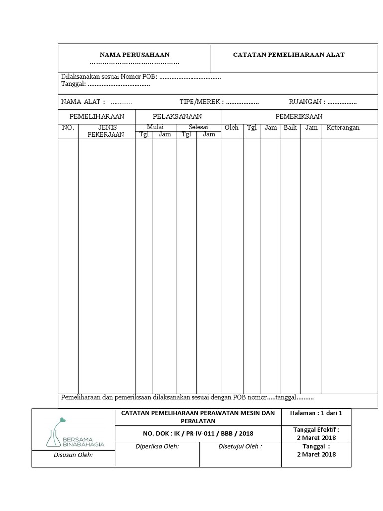011 Catatan Pemeliharaan Mesin Dan Peralatan | PDF