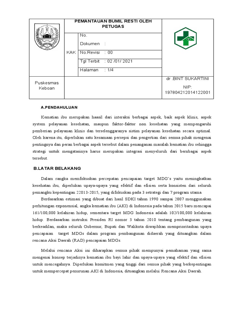 Kak Pemantauan Bumil Resti Oleh Petugas | PDF
