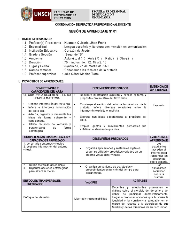 Modelo-De-Sesión #01 Secundaria | PDF | Hablar en público | Maestros